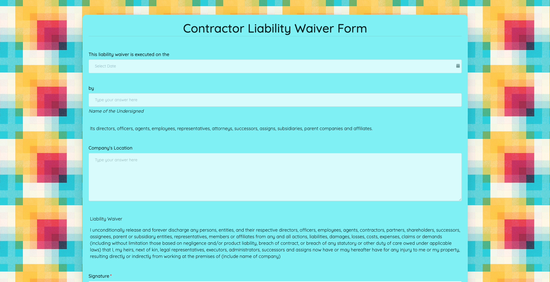 Contractor Liability Waiver Form | Formplus